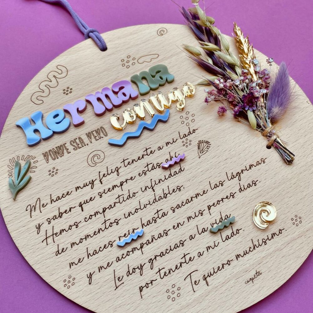 PLACA DEDICATORIA "Hermana, donde sea pero contigo"